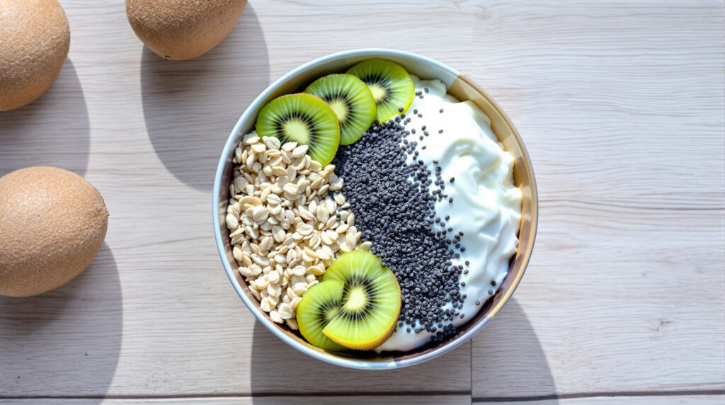 Bol protéiné au yaourt grec, flocons d’avoine, graines de chia et kiwi ...